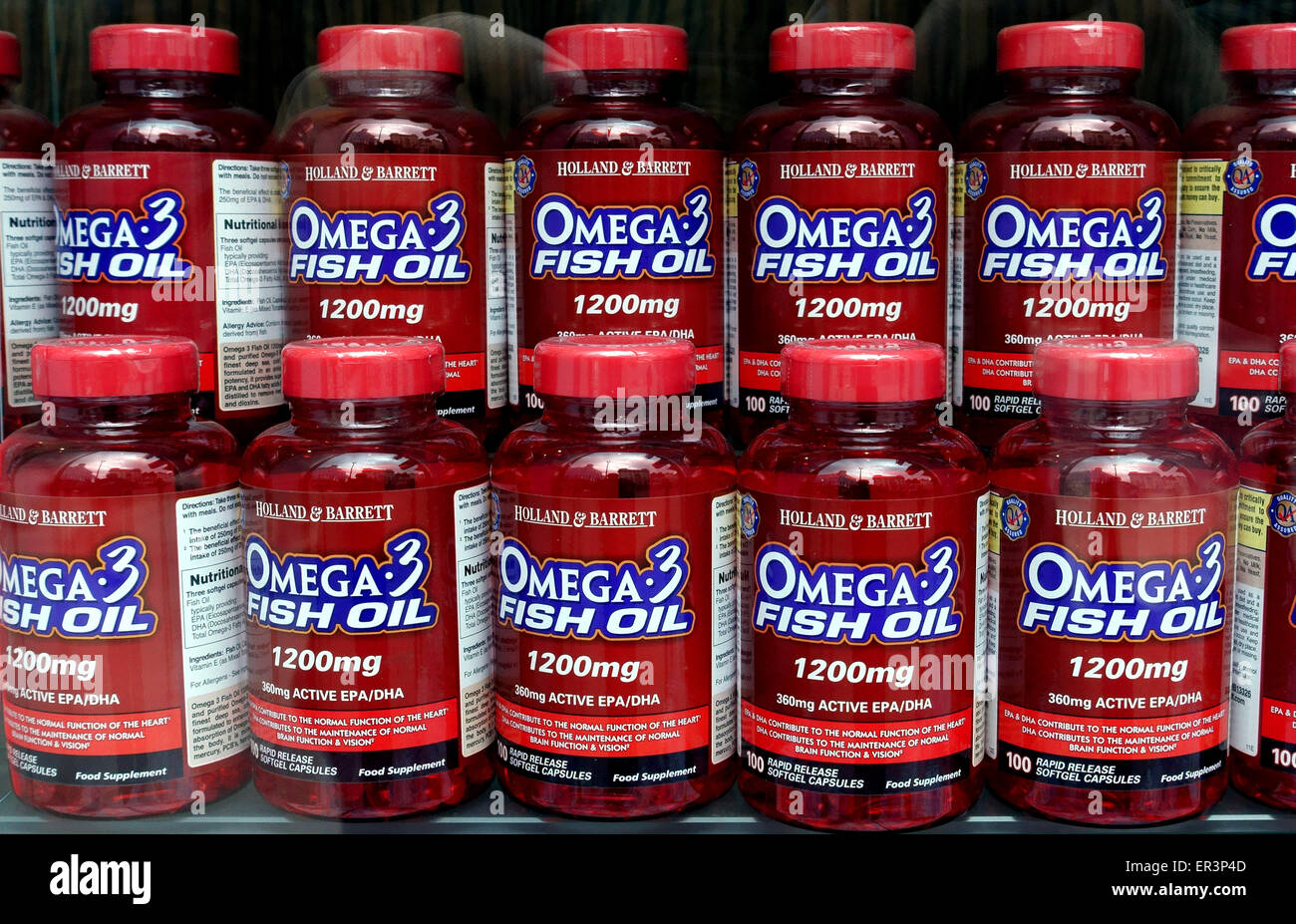 Omega 3 fish oil capsules in London health food shop display Stock ...
