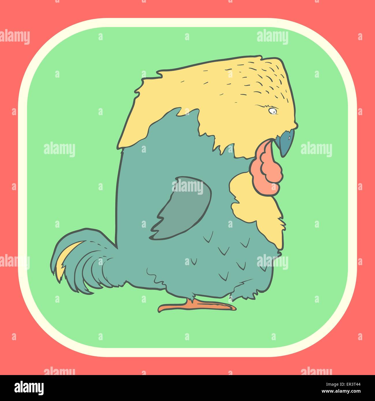 Illustration hand drawn vector retro cartoon bird on flat square ...
