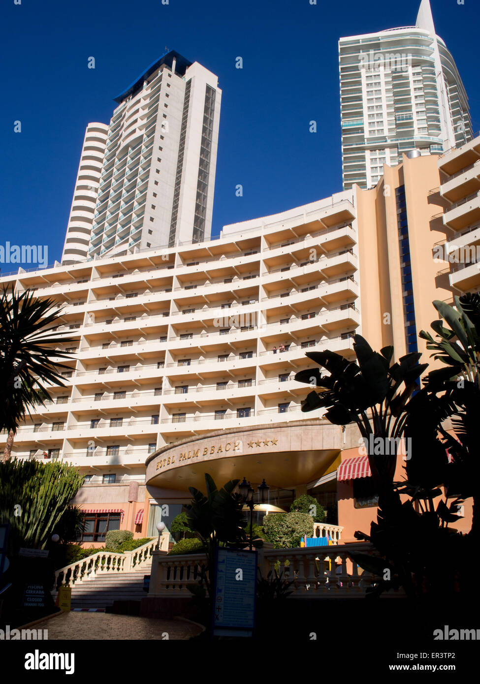 Front reception entrance of the Hotel Palm Beach in the Spanish holiday ...