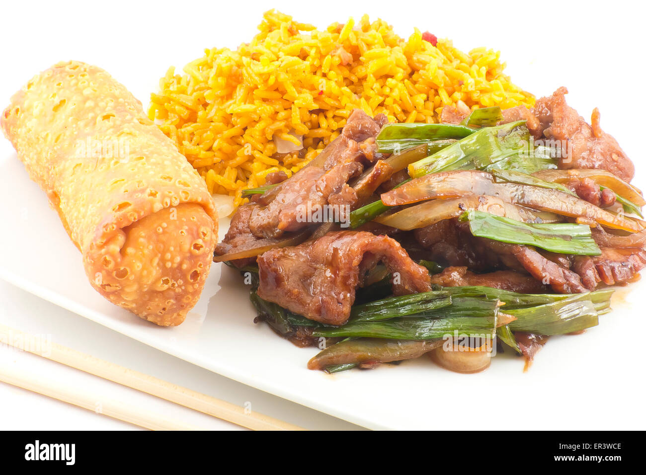 Take out Chinese sauteed fried beef strips with scallion served with an ...