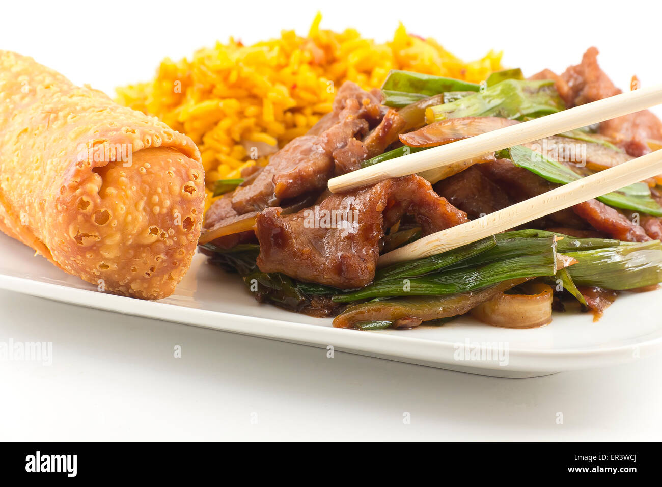 Take out Chinese sauteed fried beef strips with scallion served with an ...
