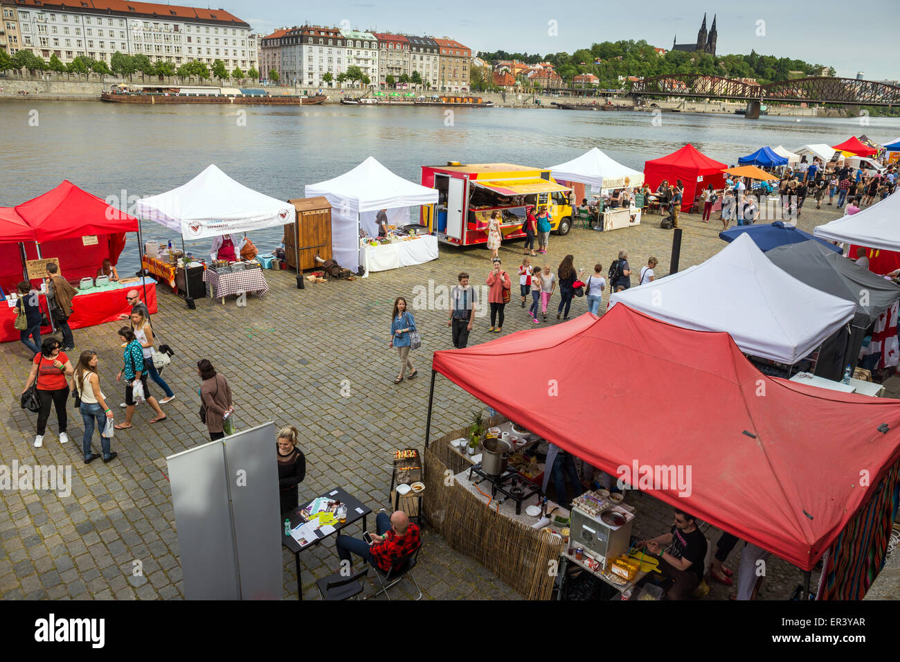 Prague street market on the embankment of river Vltava, Prague, Czech ...