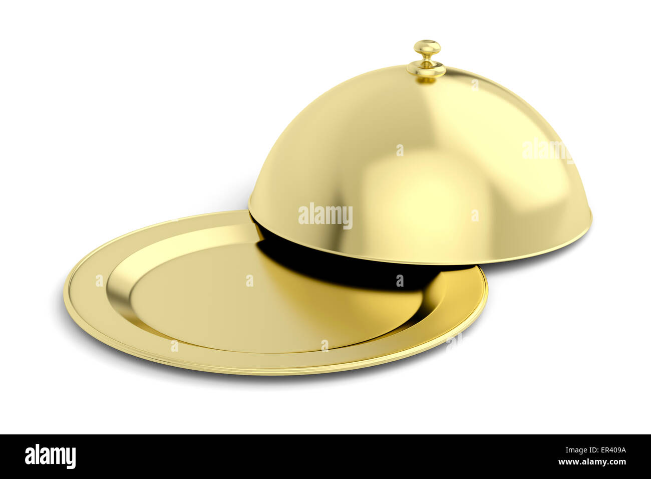 Gold restaurant cloche with open lid Stock Photo - Alamy