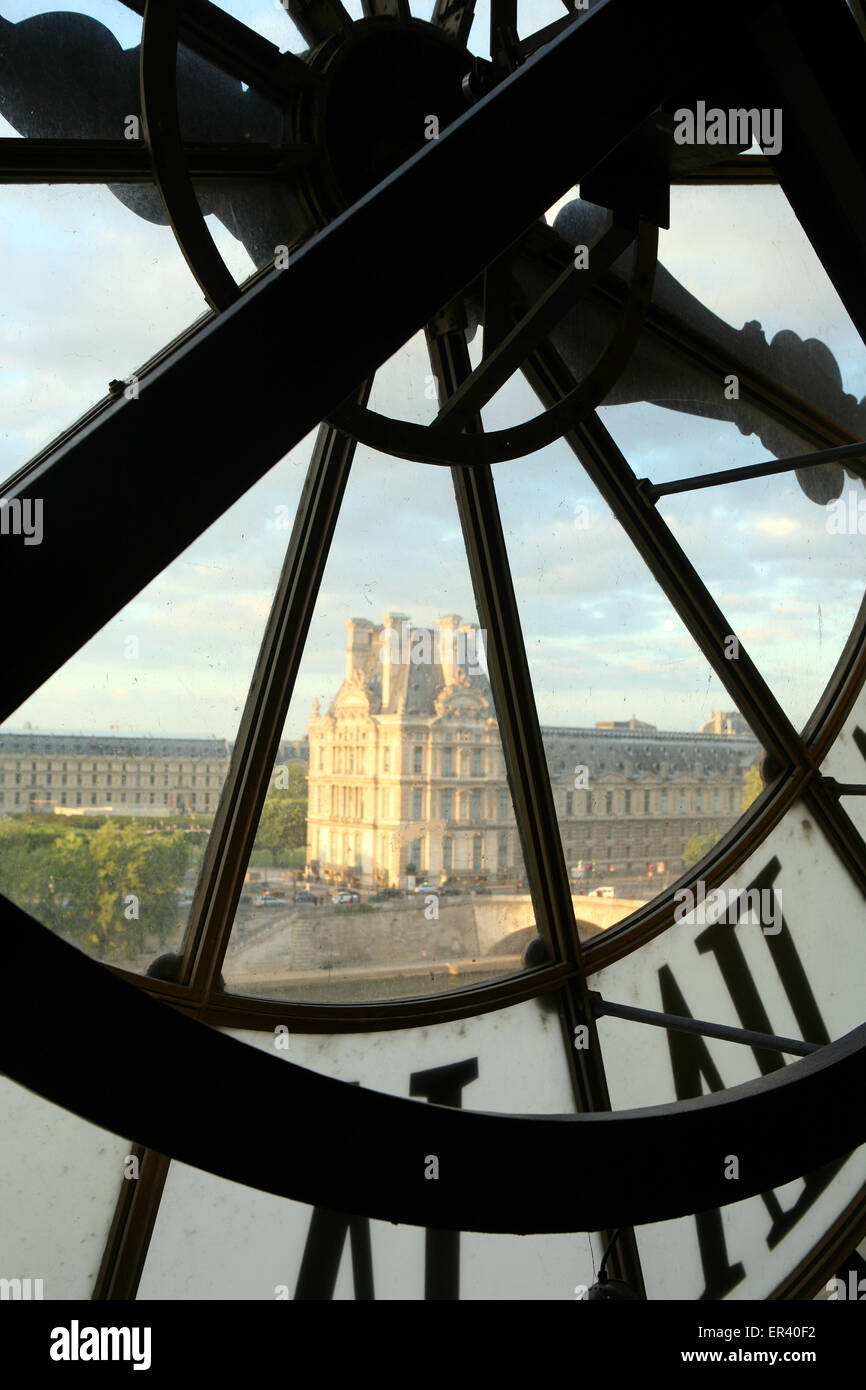 Louvre through the Musee d'Orsay Clock face Paris Stock Photo - Alamy