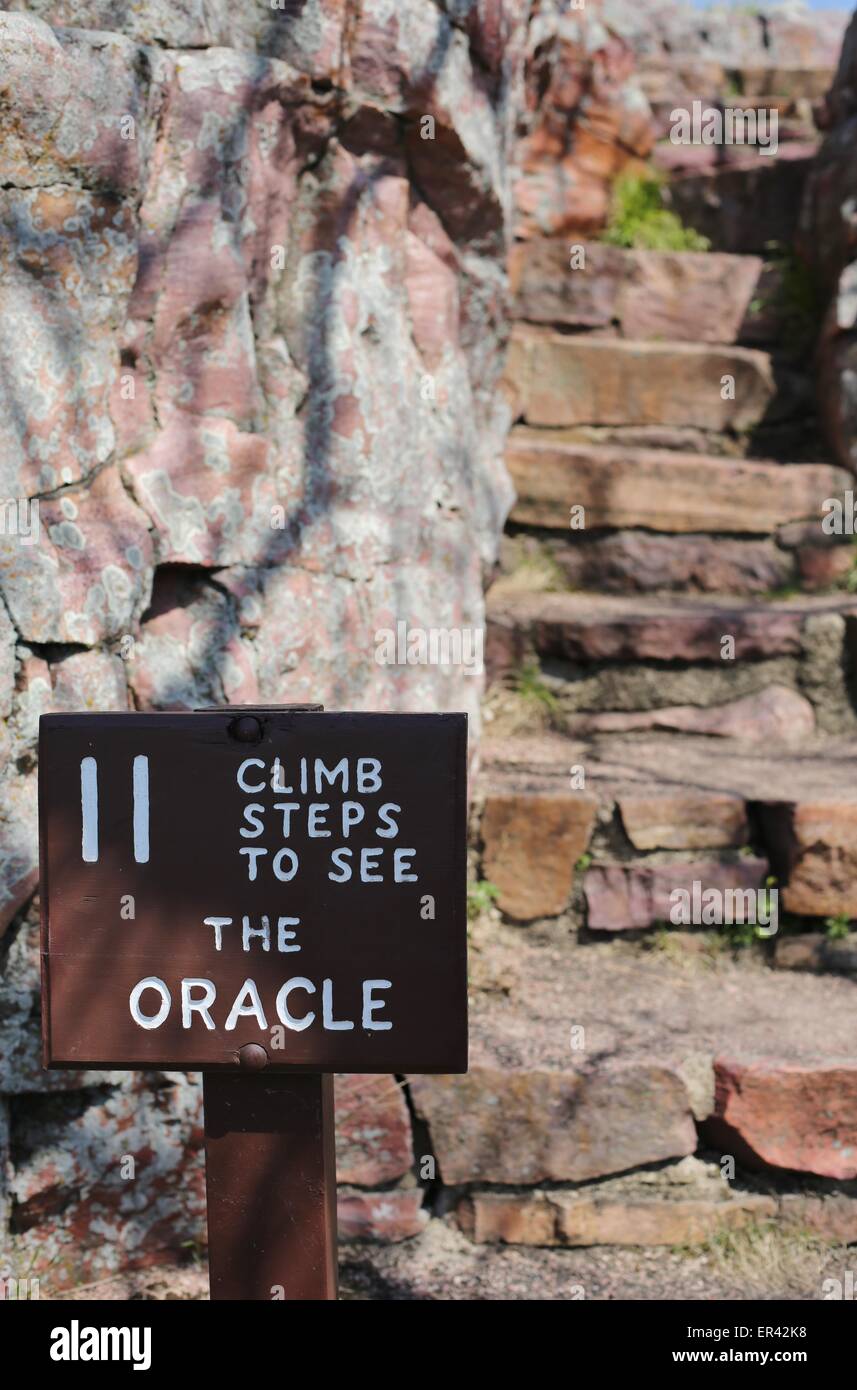 Sign for the oracle rock formation at Pipestone National Monument in ...