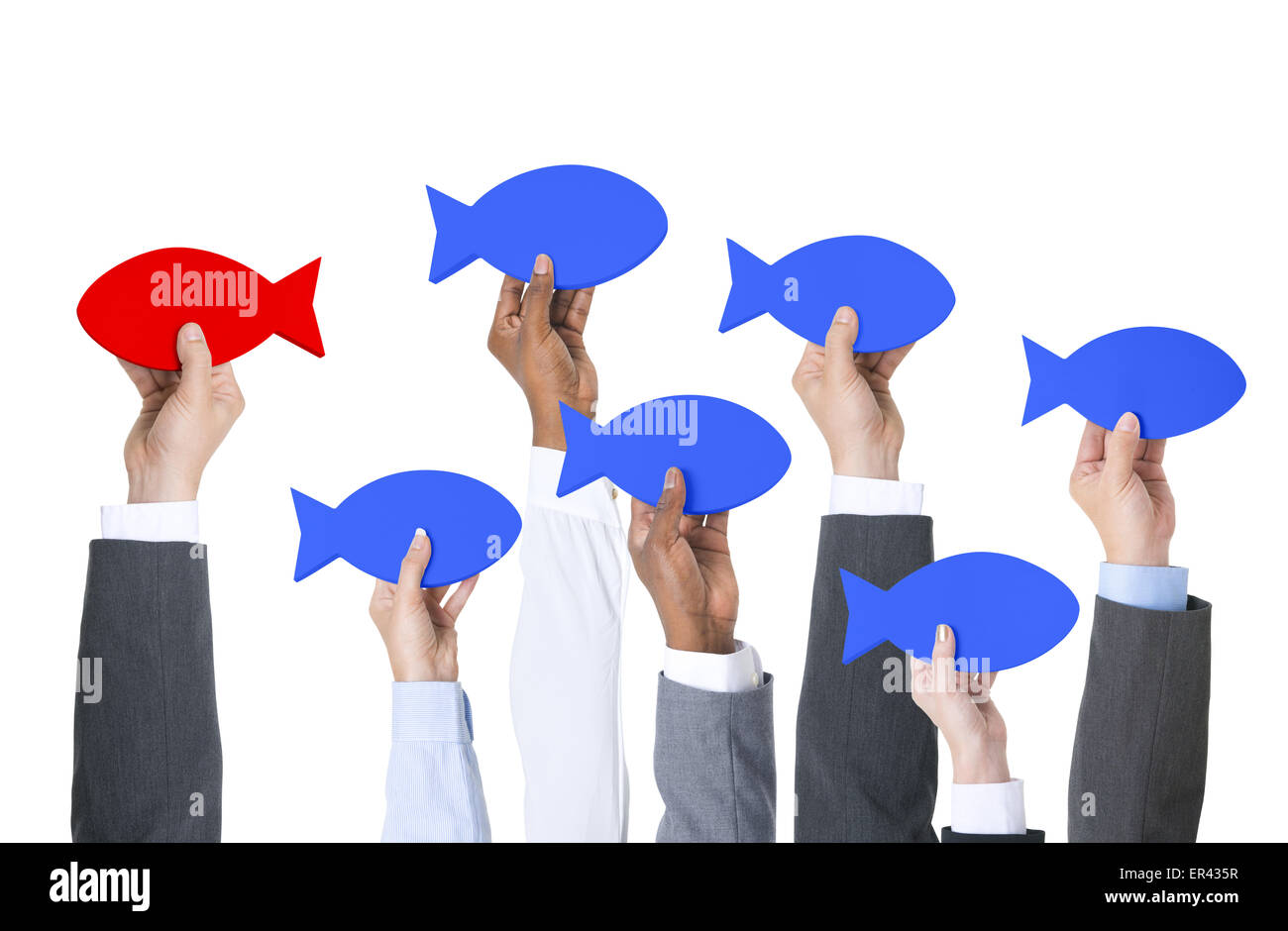 Business people holding fish and thinking outside of the box Stock ...