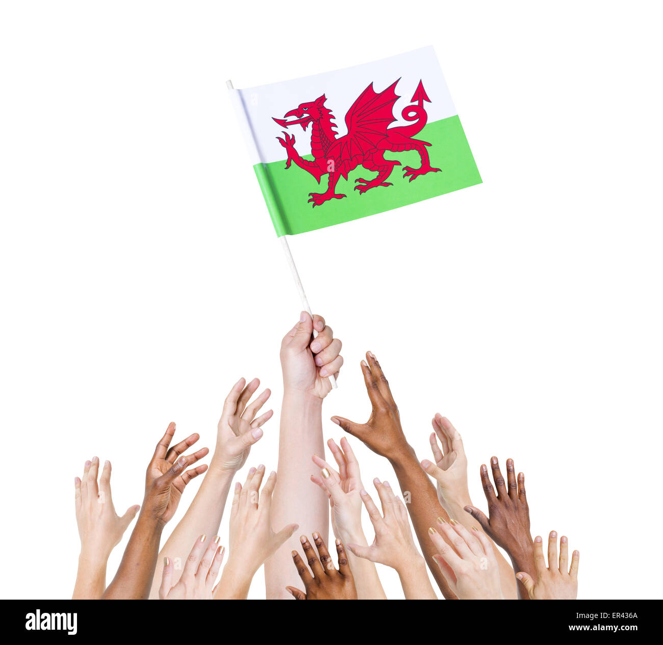 Human hand holding Wales flag among multi-ethnic group of people's hand ...