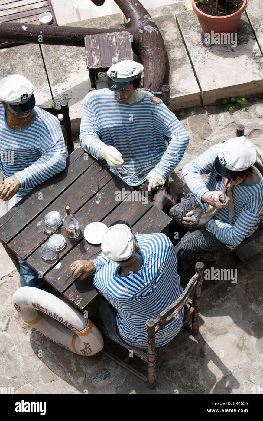 Dummy sailors at the table of the restaurant in old Nessebar, Bulgaria ...