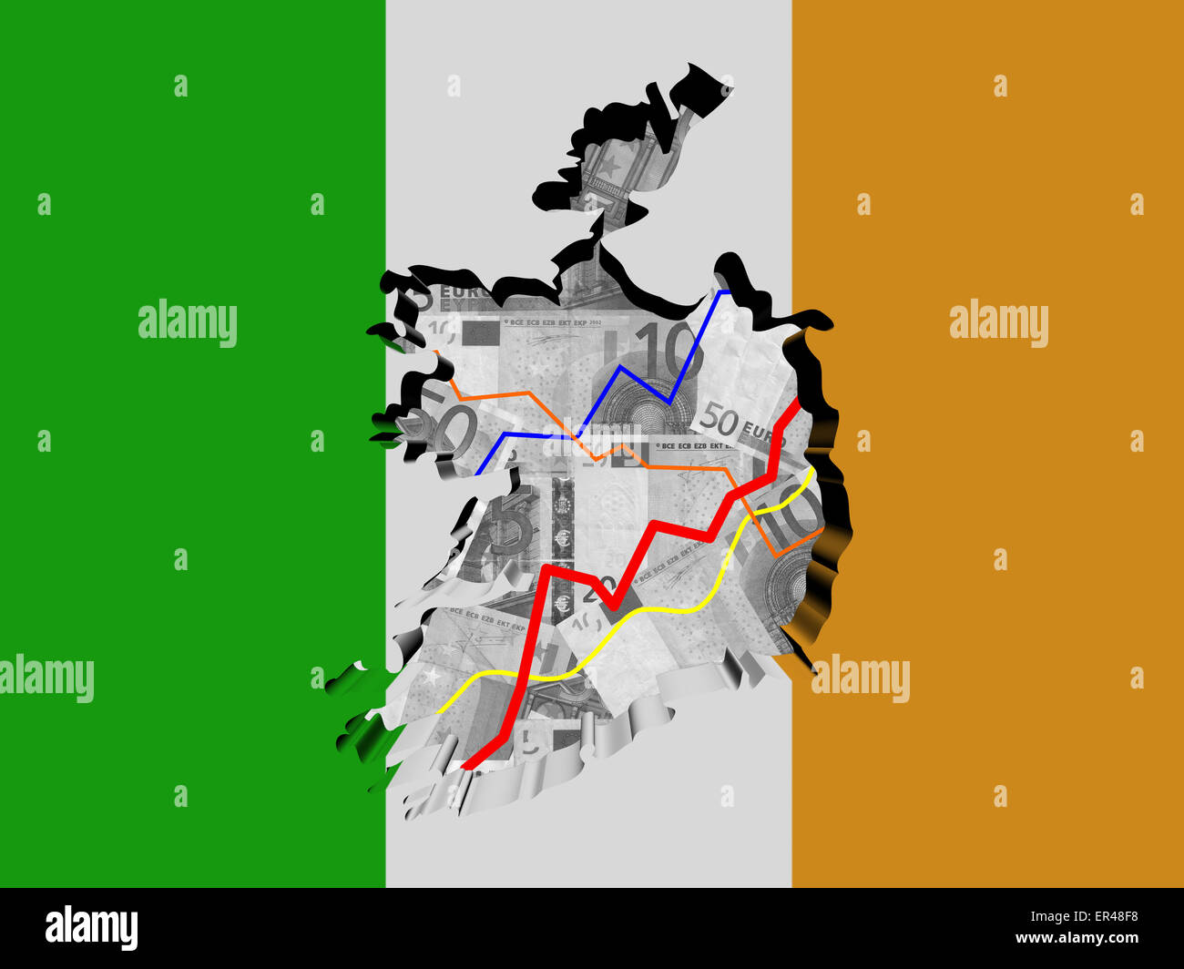 Ireland map with flag and graphs on Euros illustration Stock Photo - Alamy