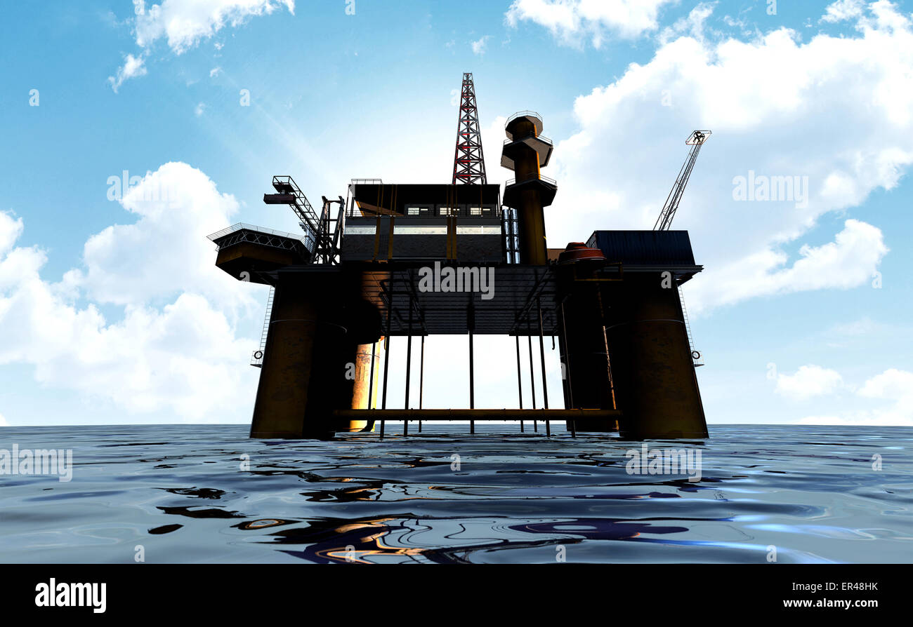 A regular view of an oil rig out at sea on a blue cloudy sky background ...