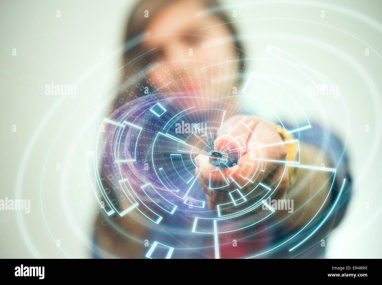 Girl is holding USB memory stick in her left hand. Futuristic lights in ...