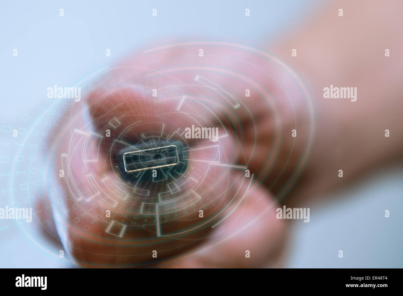 Guy's hand is holding USB memory stick in her left hand. Futuristic ...