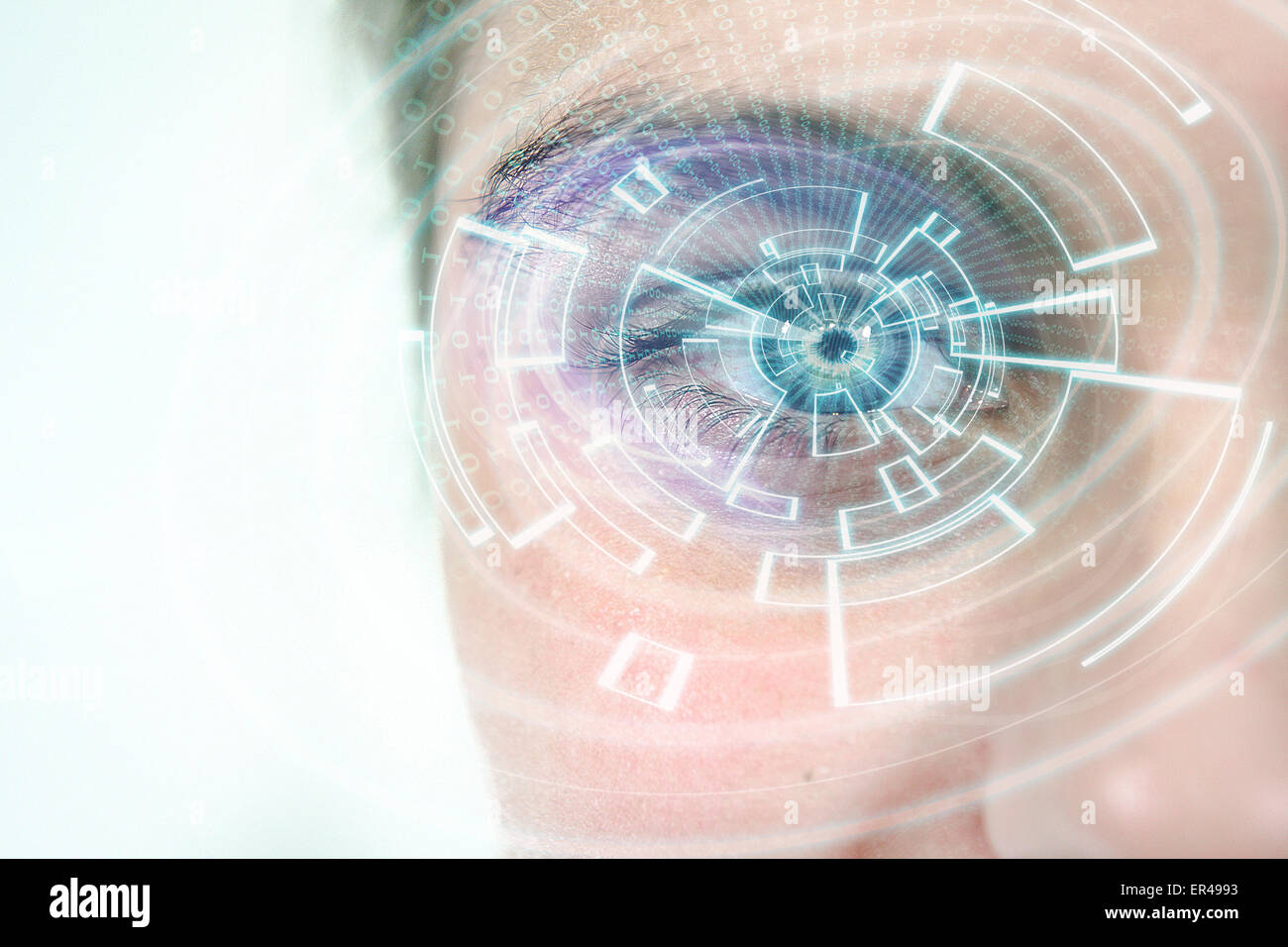 Closeup of woman eye with visual effects, isolated on white background ...