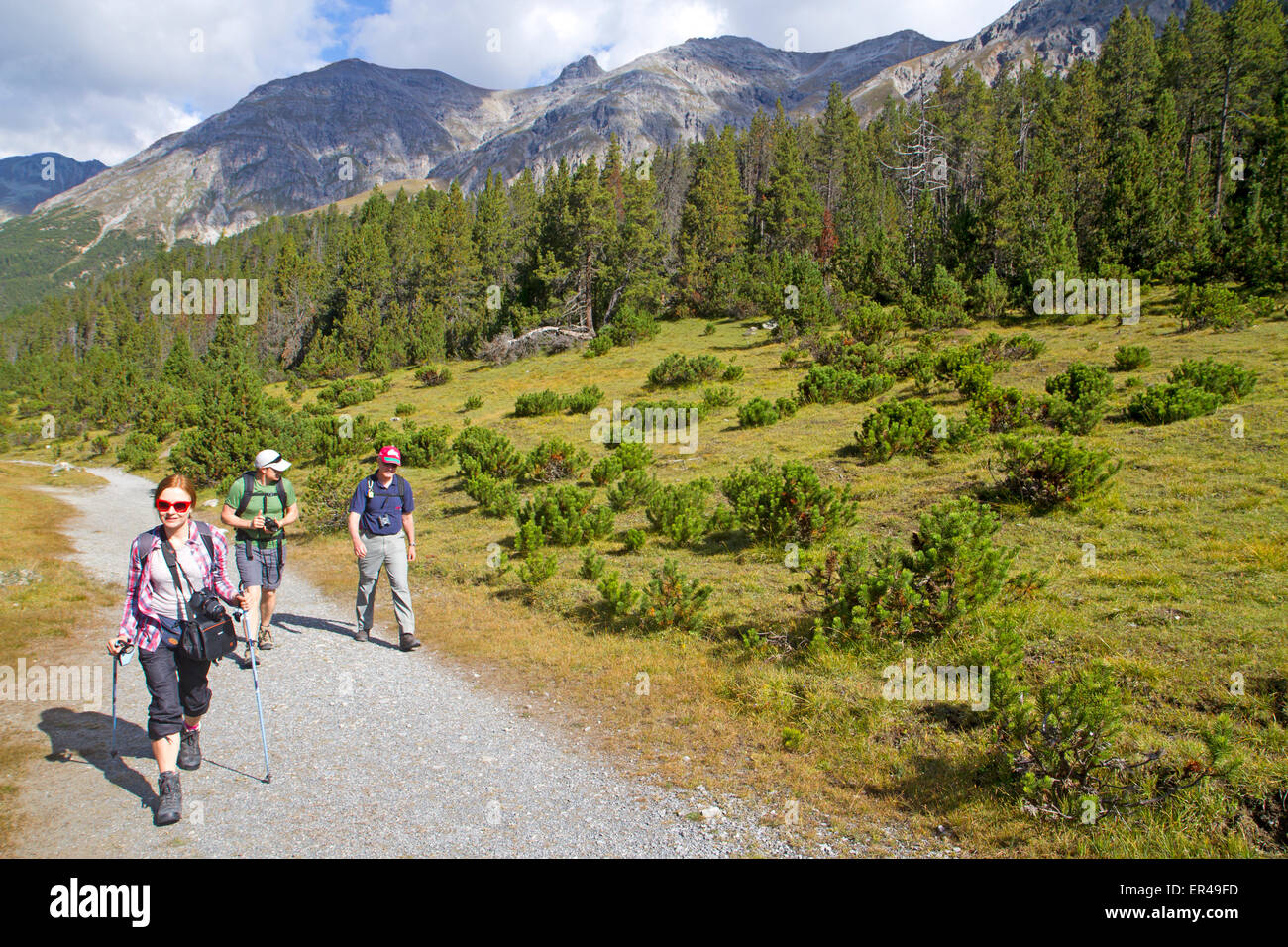 Hikers at Champlonch, an alpine plain in Swiss National Park Stock ...