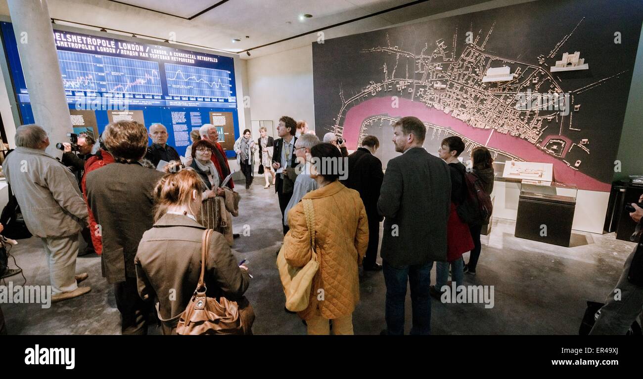 Journalists look over an installation detailing the Hanseatic trading ...
