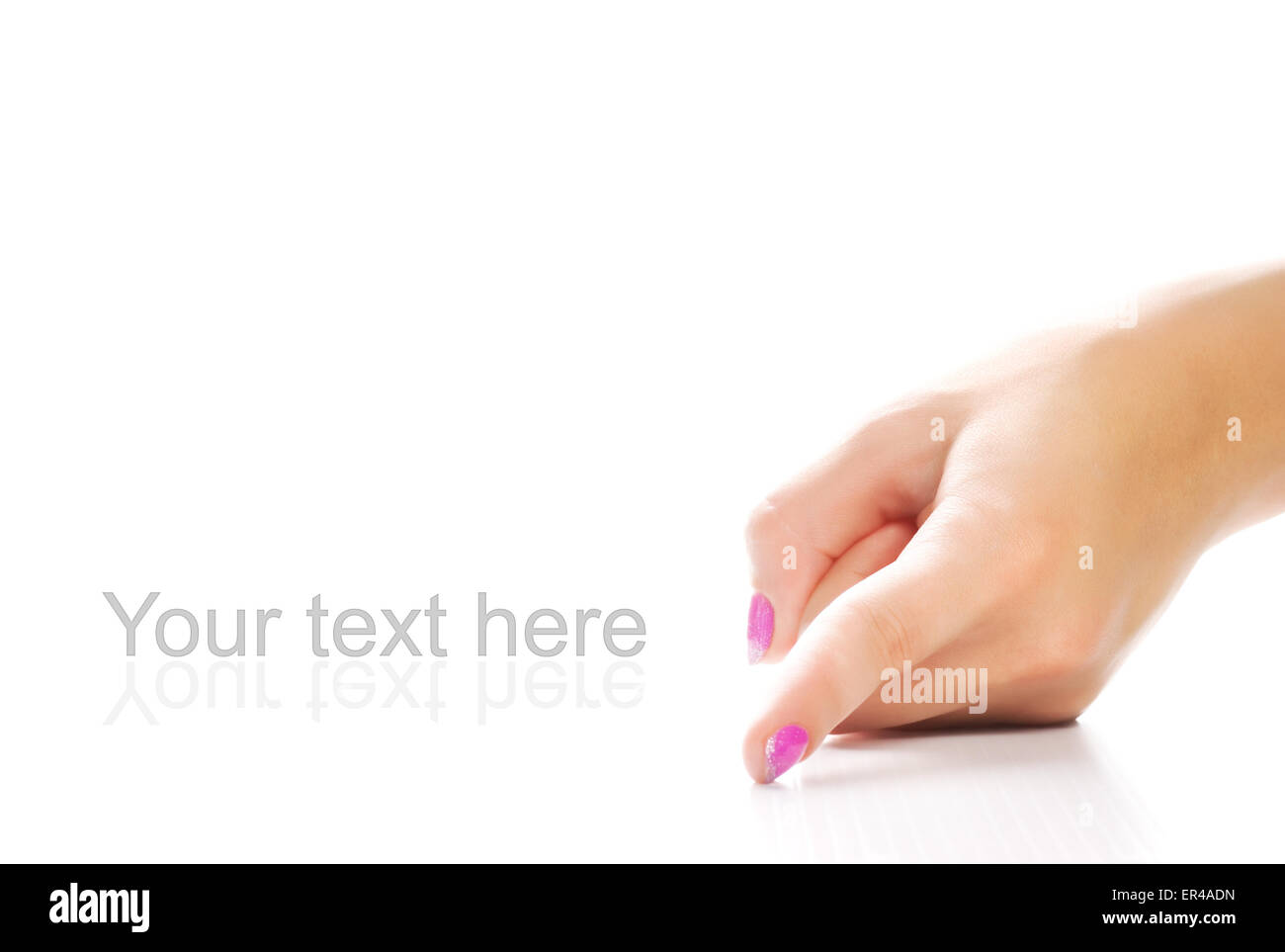Beautiful woman's hand pointing to something isolated on white ...