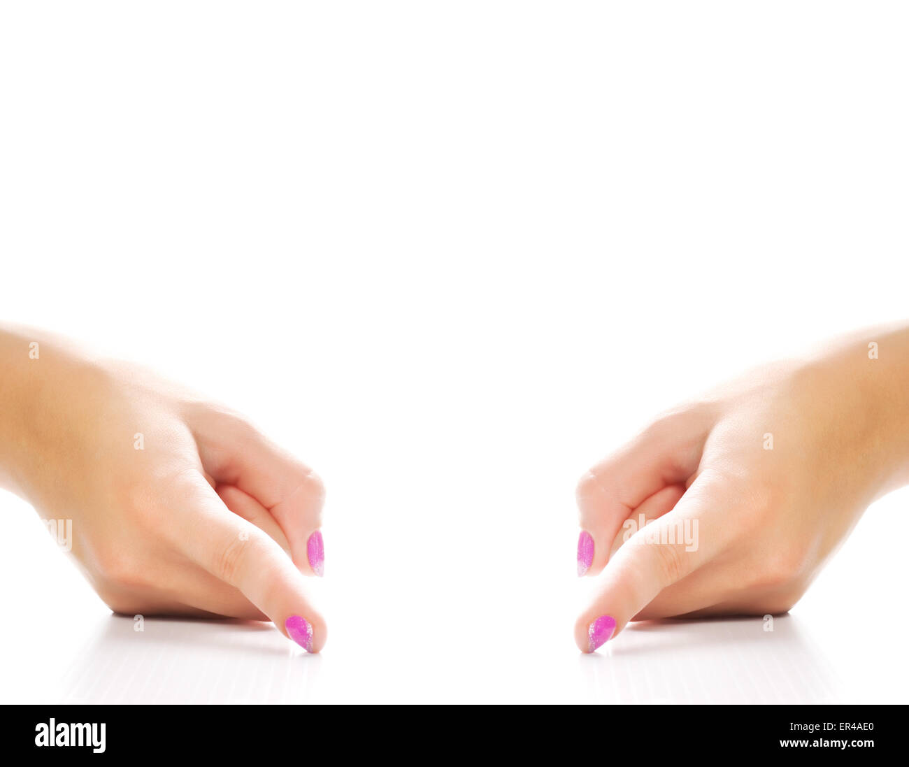 Two woman's hands showing a distance isolated on white background Stock ...