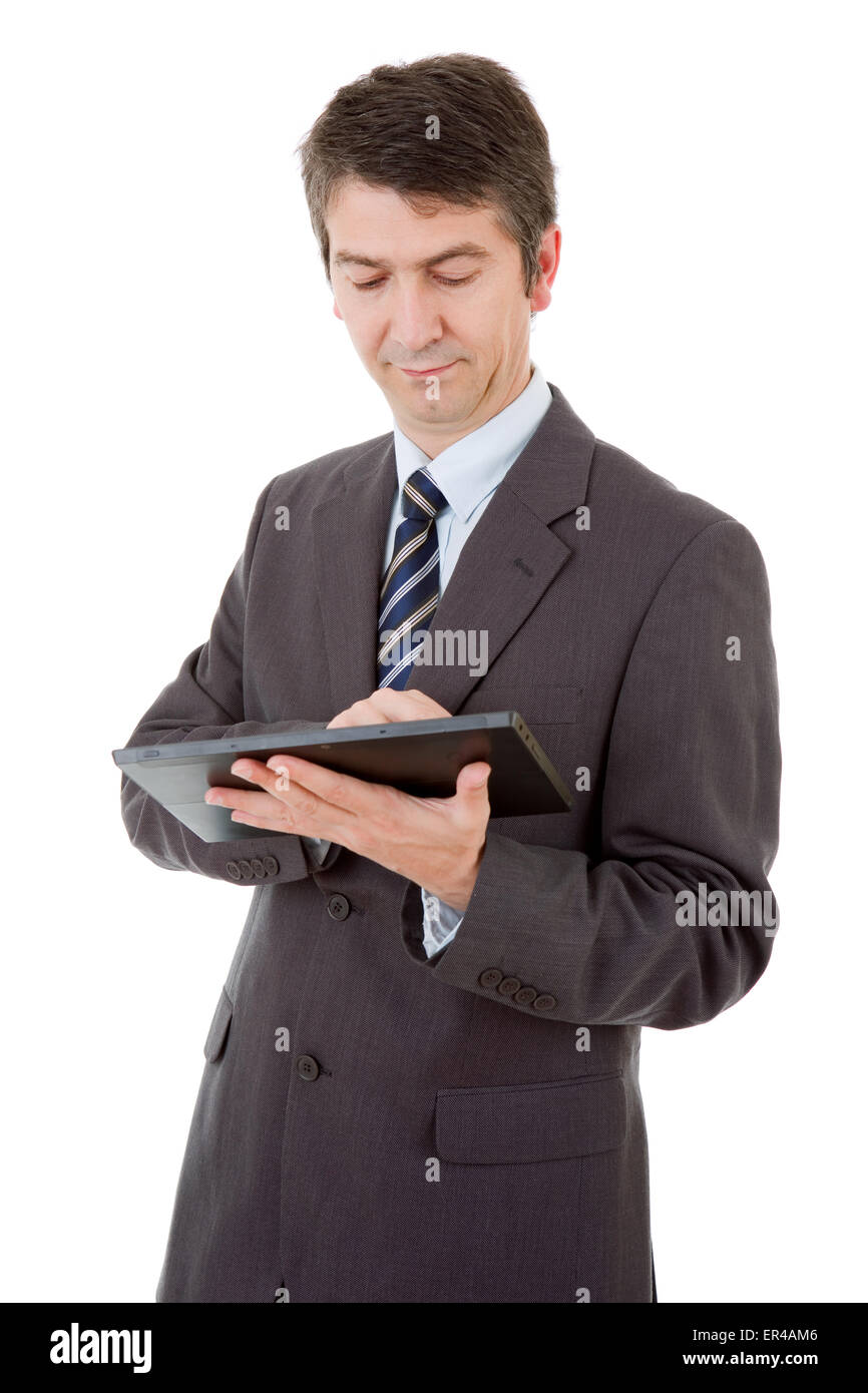 businessman using touch pad of tablet pc, isolated Stock Photo - Alamy