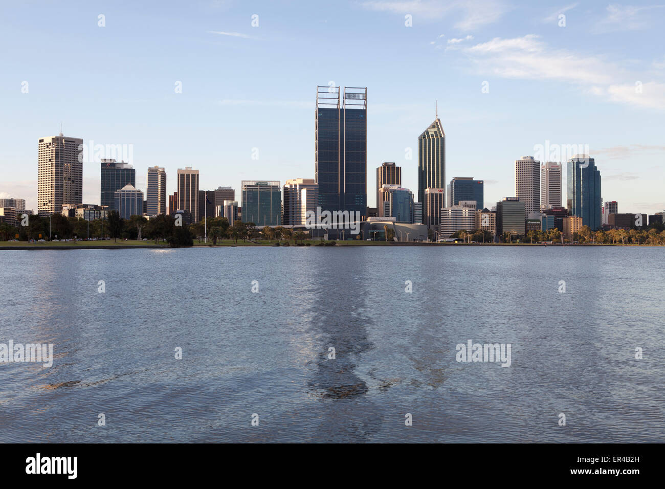 Perth skyline seen accross from Swan River including the new BHP tower ...