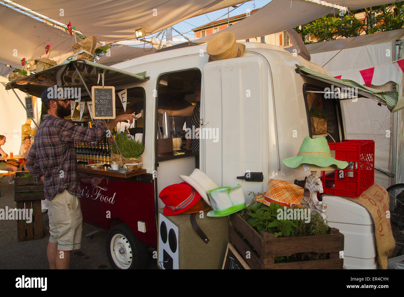 Fast food Italian style at the Milan Market in the area of Navigli ...