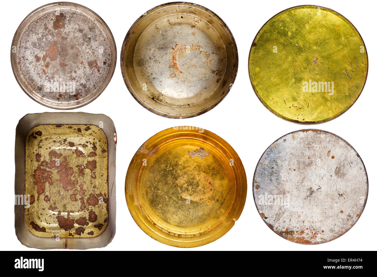 Set of rusty round metal cans isolated on white Stock Photo - Alamy