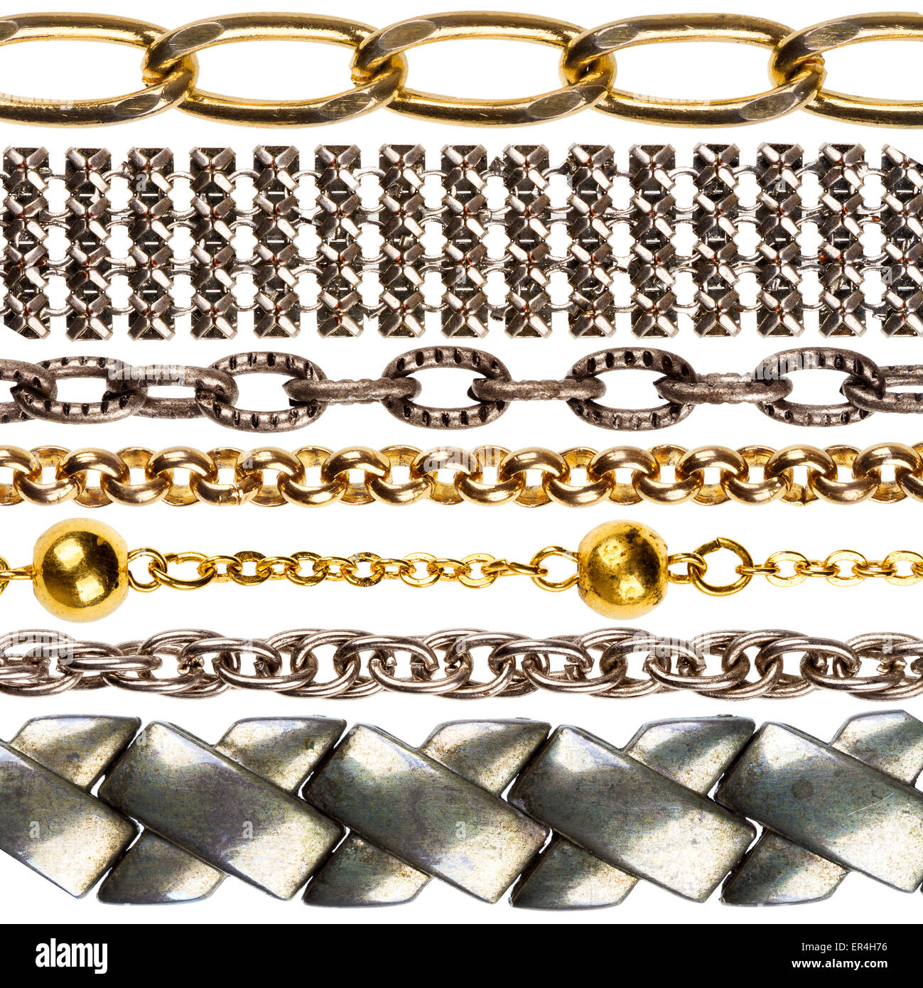 Set of various jewelry chains isolated on white background, each one ...