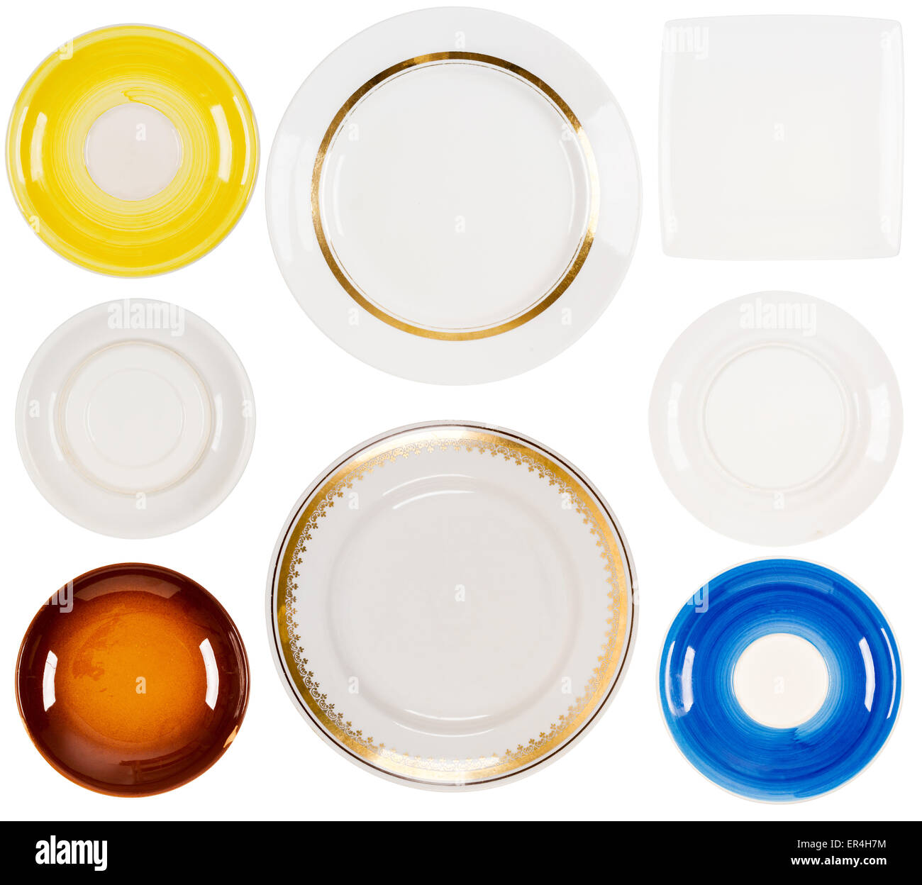 Collection of old plates made in Soviet Union isolated on white ...