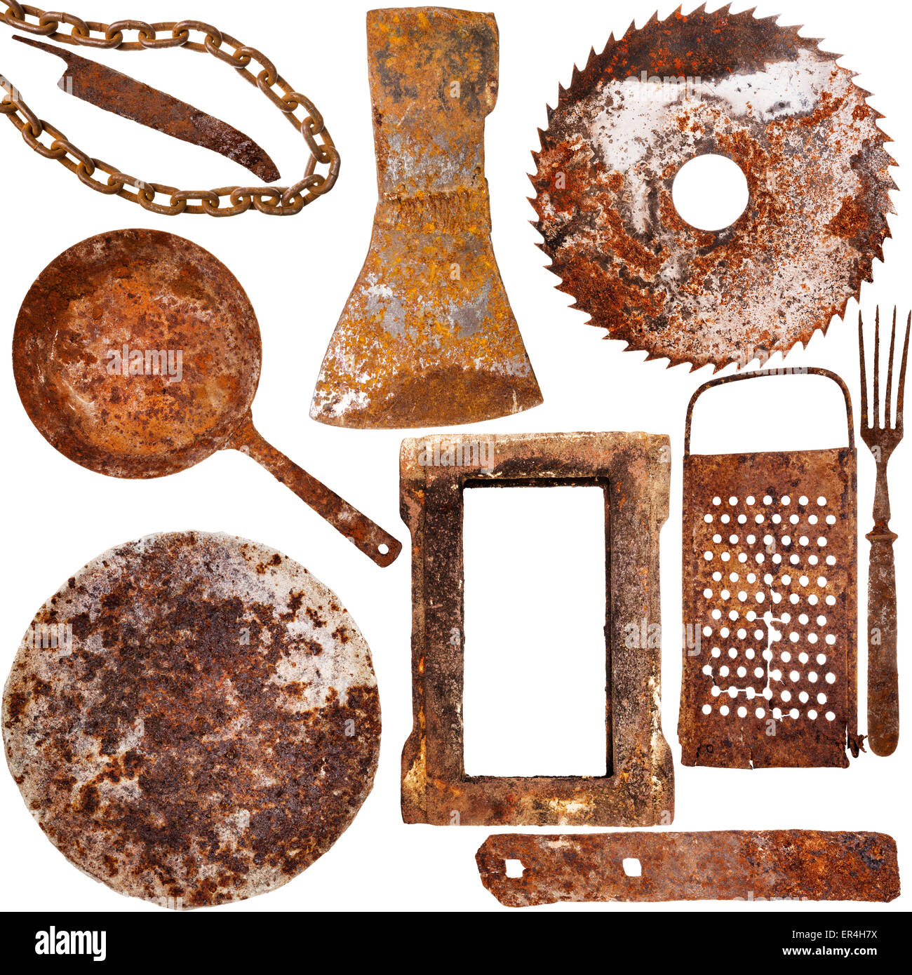 Collection of vintage rusty iron items isolated on white background ...