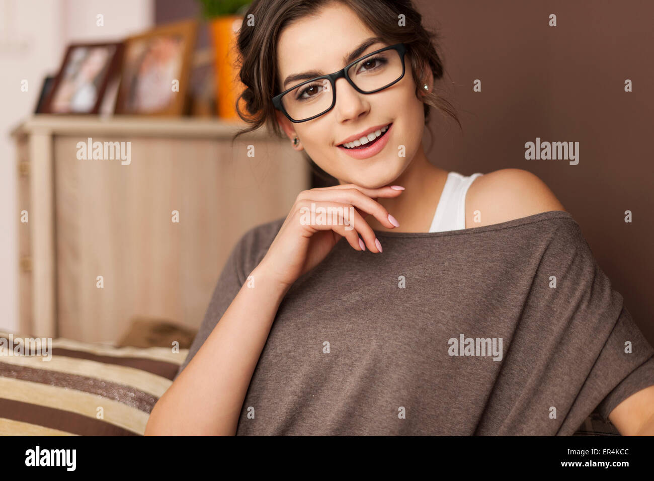 Close up of gorgeous woman relaxing at home. Debica, Poland Stock Photo ...