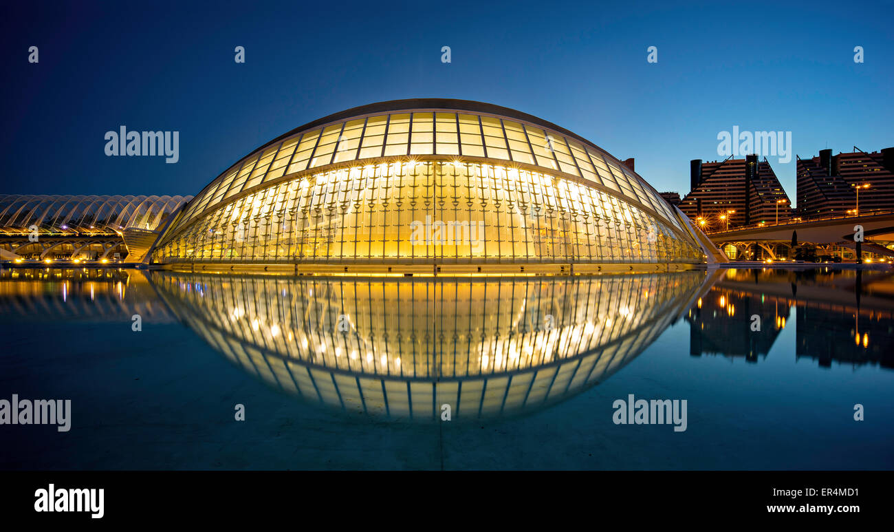 Wide-Angle nighttime view of the Hemispheric building at Valencia's ...
