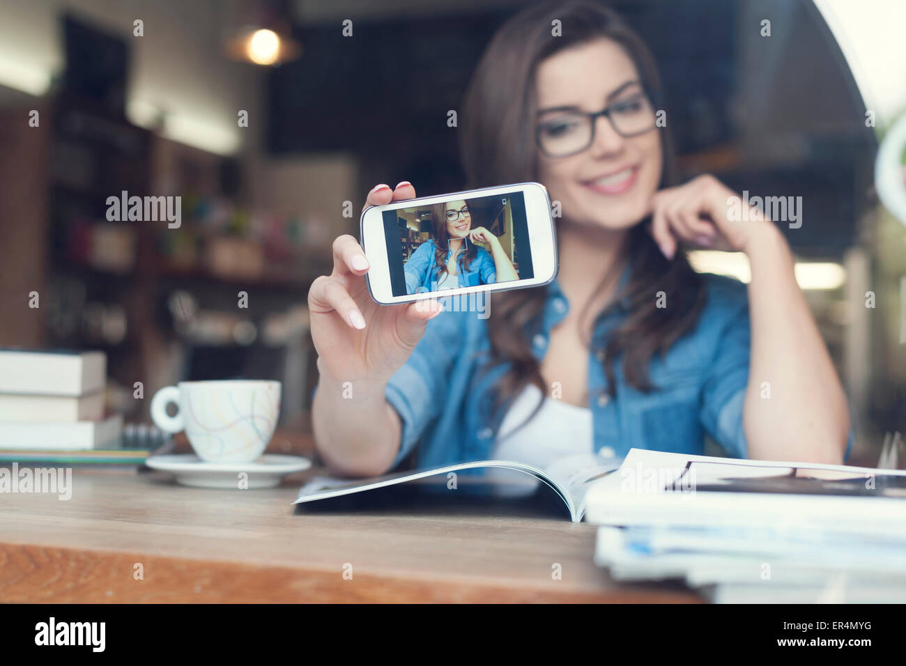 Attractive Woman Taking Self Portrait By Mobile Phone Krakow Poland