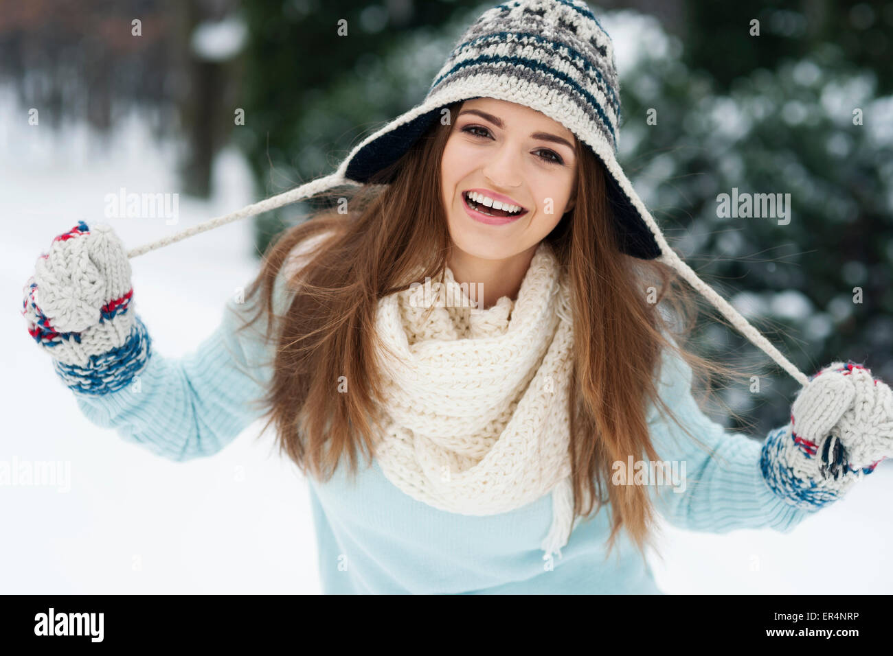 Portrait of smiling beautiful woman in winter time. Debica, Poland ...