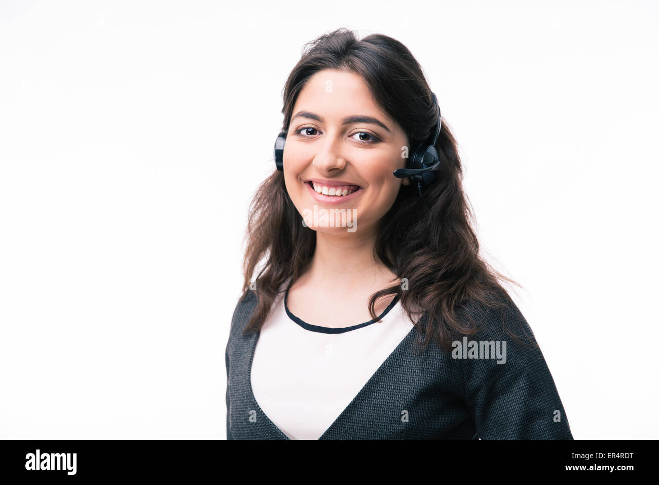 Cheerful woman assistant operator in headset isolated on a white ...