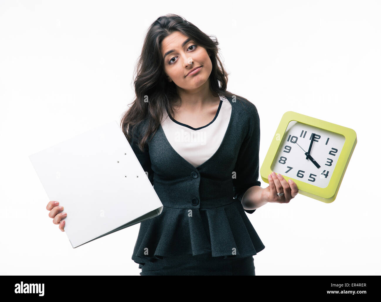 Businesswoman holding folder and clock isolated on a white background ...