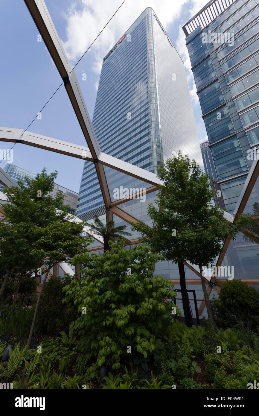 View of the HSBC building through the roof of the Tropical Roof Garden at the Canary Wharf ...