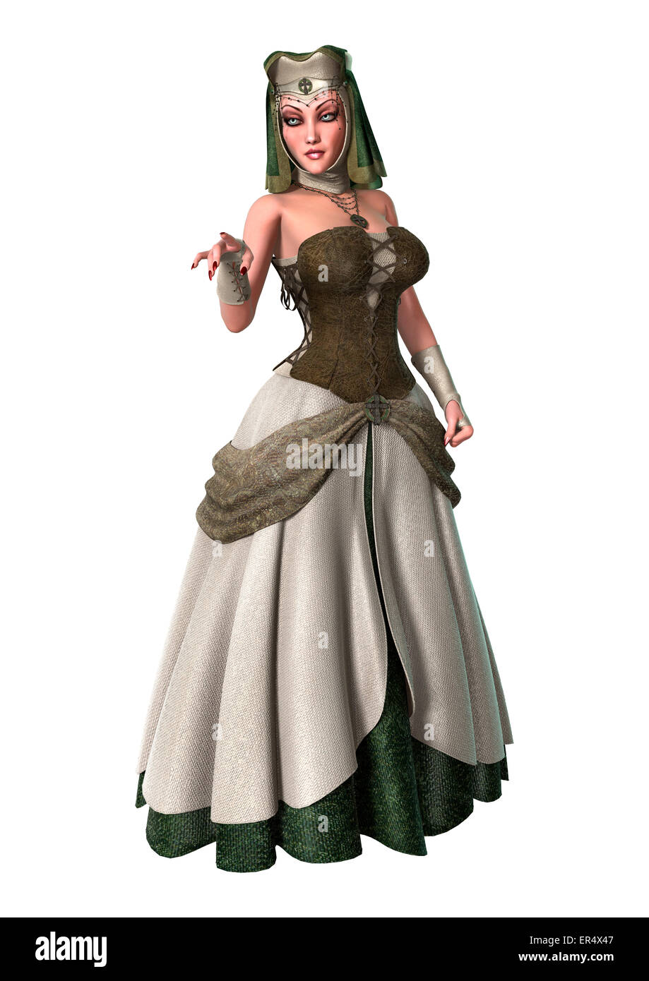 3D digital render of a beautiful witch wearing a medieval dress ...