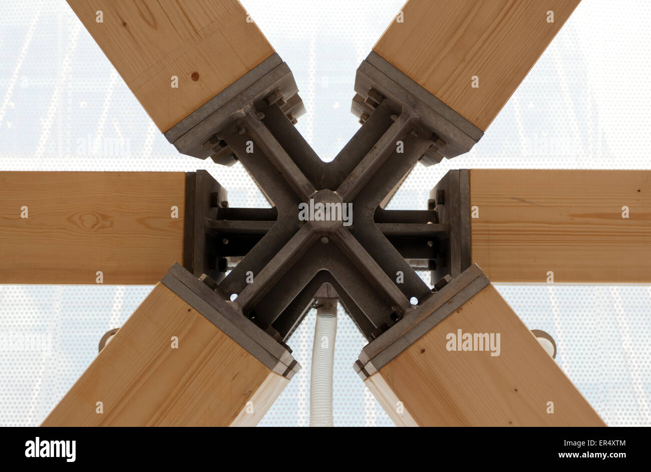 Close-up of one of the 500 Steel nodes holding the wooden roof lattice ...