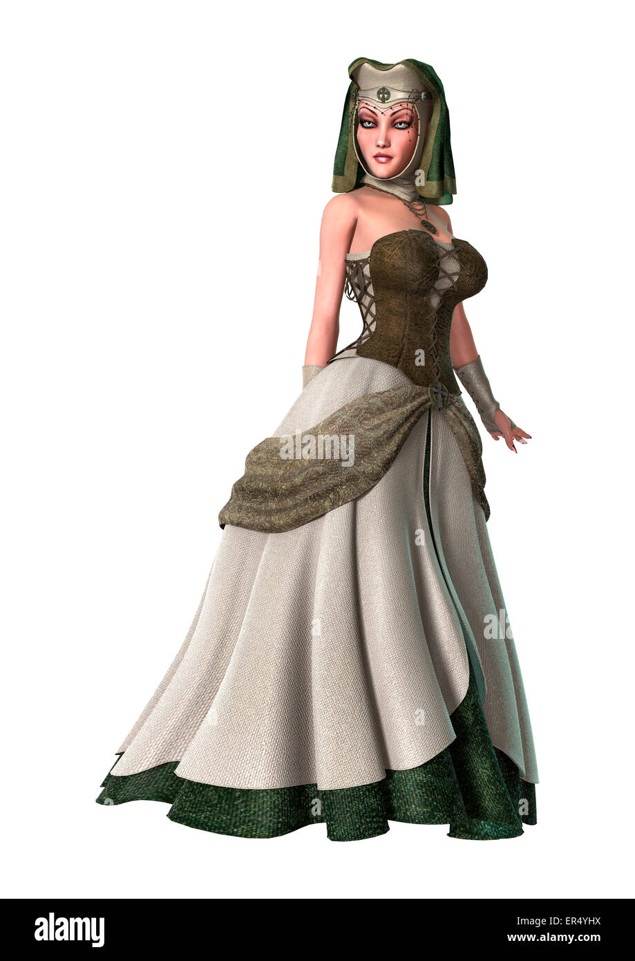 3D digital render of a beautiful witch wearing a medieval dress ...