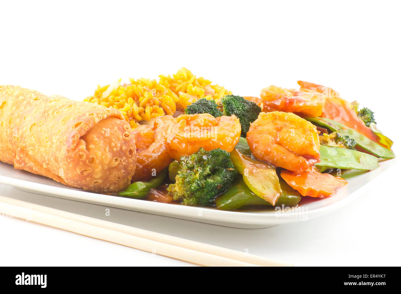 Szechuan fried Shrimp with Chinese Vegetables served with pork fried ...