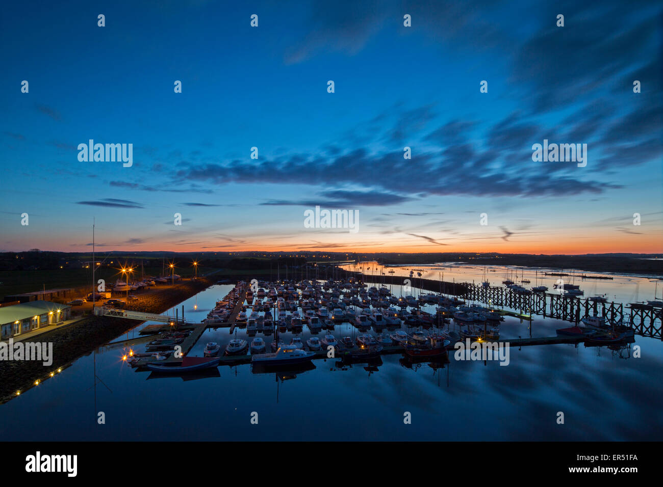 A view of Amble marina in Northumberland in spring at sunset looking ...