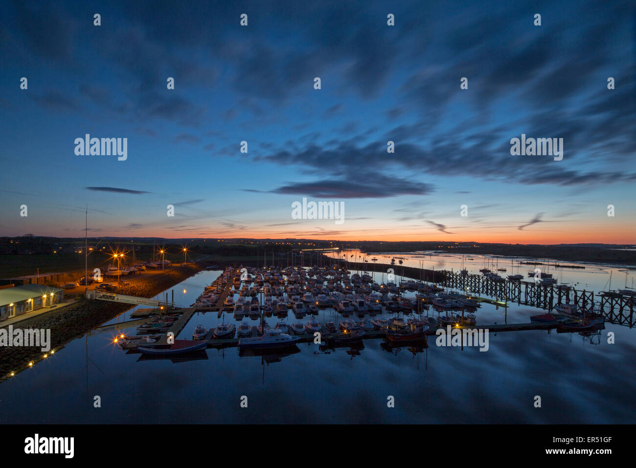 A view of Amble marina in Northumberland in spring at sunset looking ...