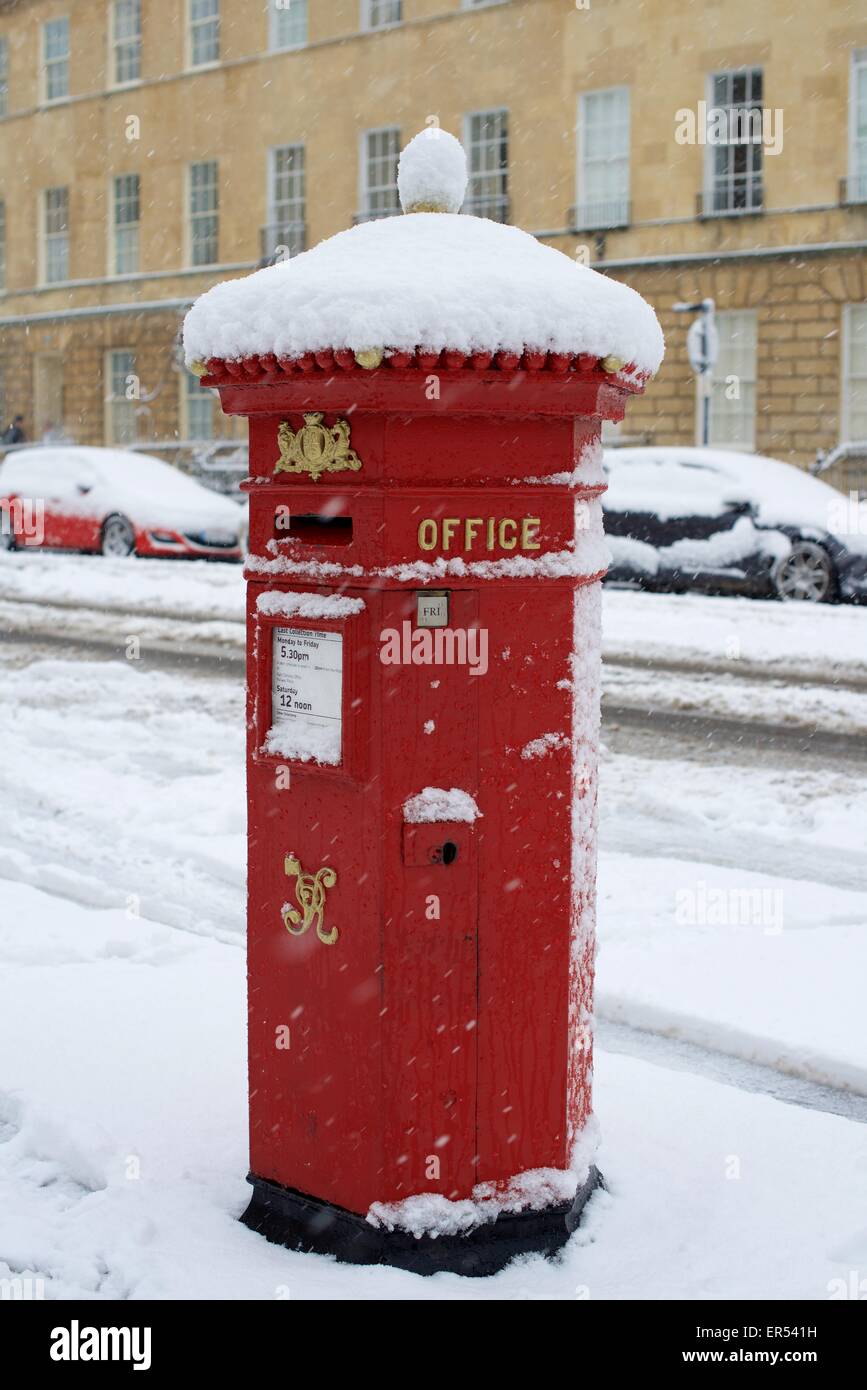 Victorian Royal MAil Post Box under snow in the Georgian City of Bath ...