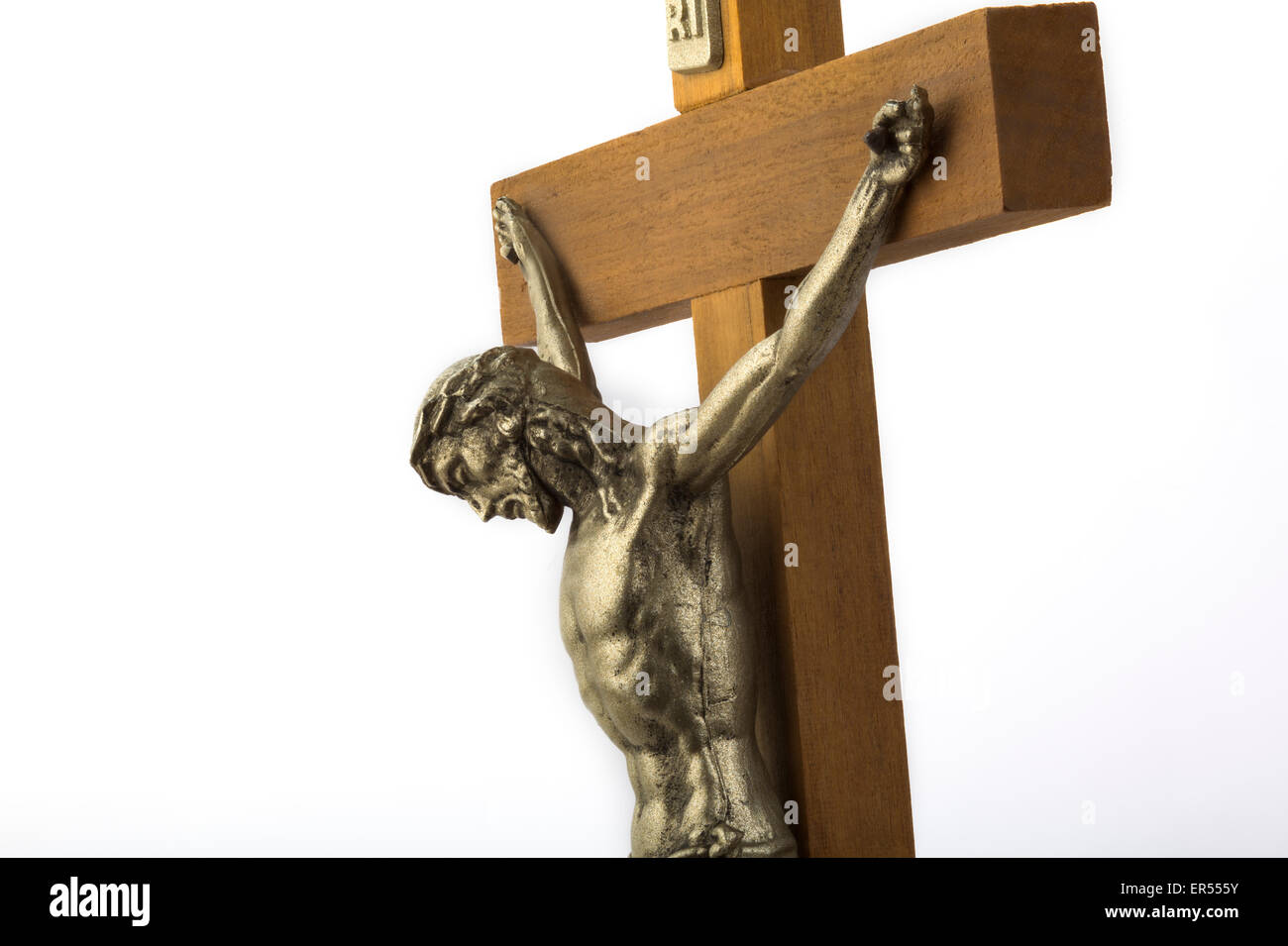 Wooden crucifix with effigy of Christ, closeup, horizontal format Stock ...