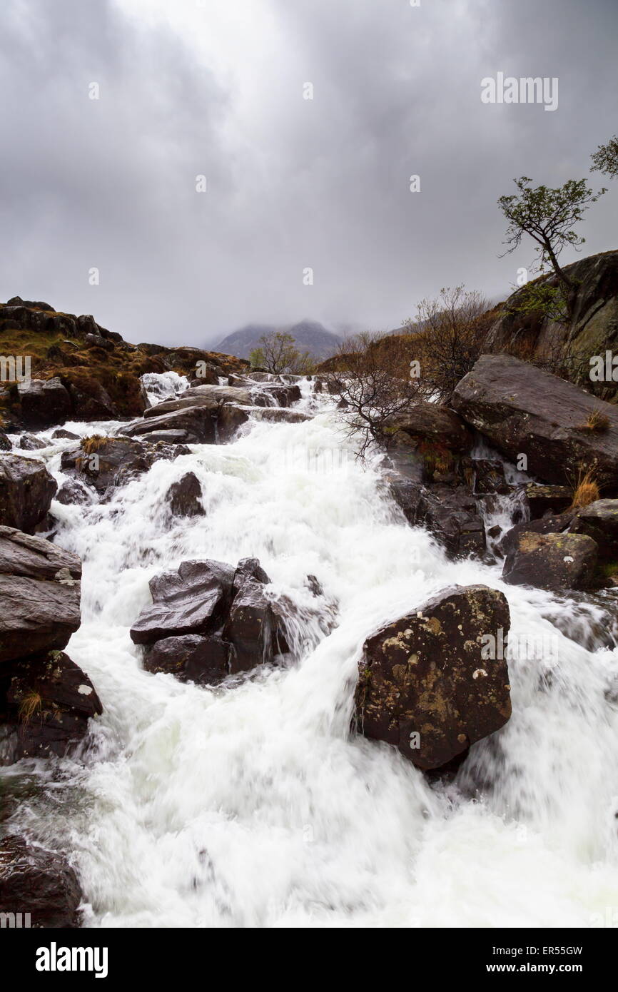 Cascading waterfall after heavy rain near Ogwen Cottage, Snowdonia ...