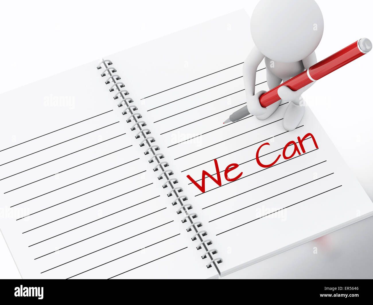 3d renderer illustration. White people writing we can on notebook page ...