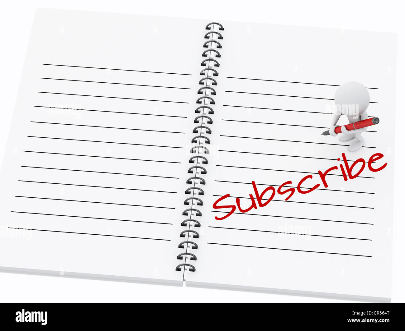 3d renderer illustration. White people writing subscribe on notebook ...