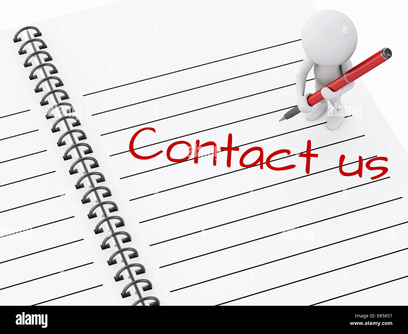 3d renderer illustration. White people writing Contact us on notebook ...