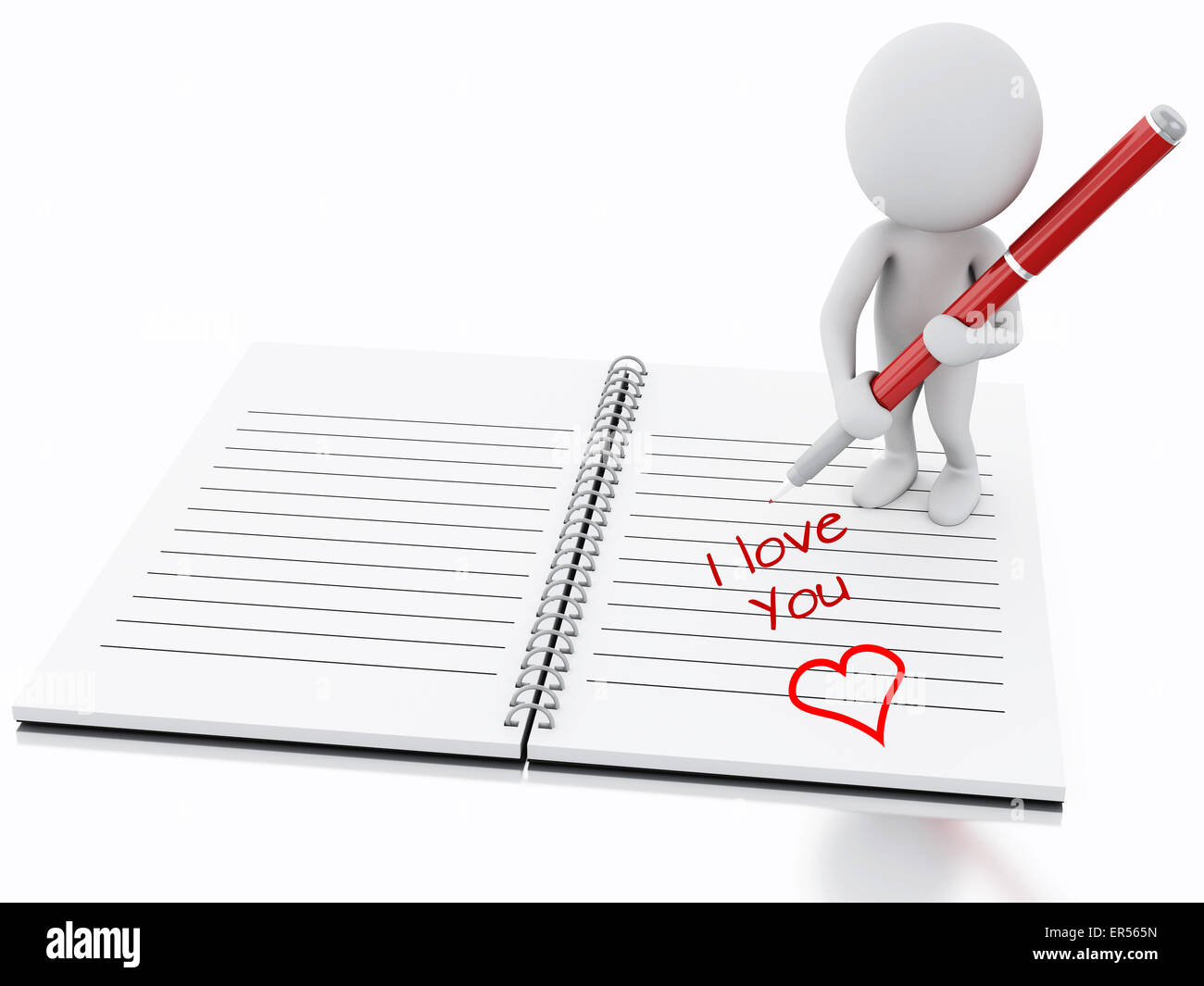 3d renderer illustration. White people writing i love you on notebook ...