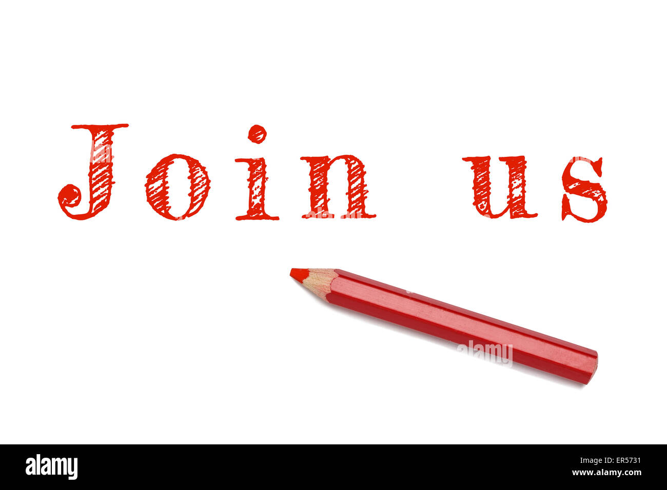 Join us sketch text written red pencil white background. Business ...