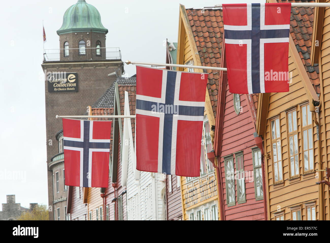 Bergen, Norway. 27th May, 2015. Norwegian flags line the streets near ...